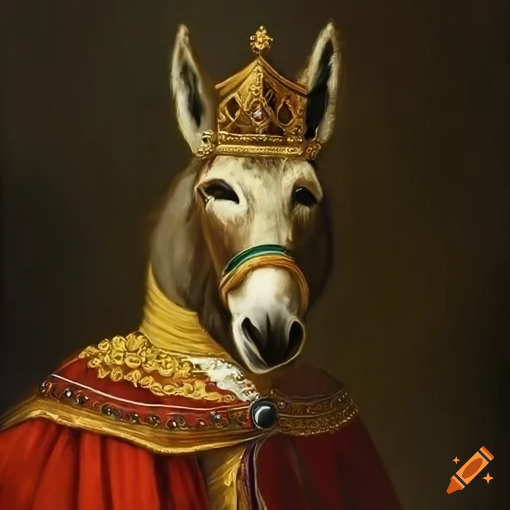 Elegant painting of noble donkey wearing crown and royal regalia on Craiyon