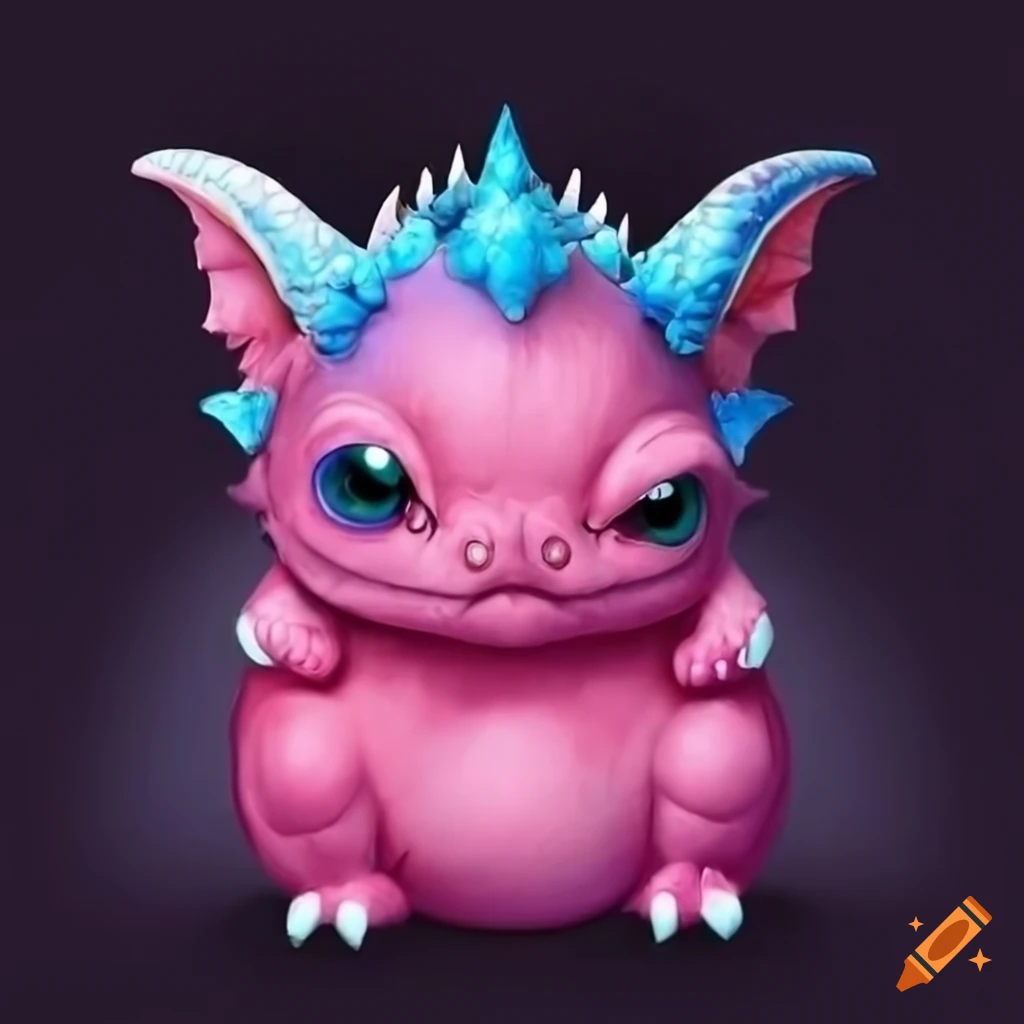 Cute fat little pink dragon with bright blue heart-shaped eyes on Craiyon
