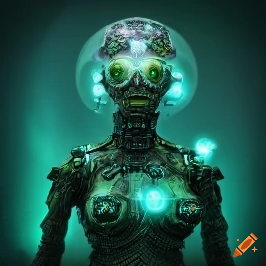 Digital illustration of a biopunk family in a futuristic biopunk setting surrounded by glowing ...