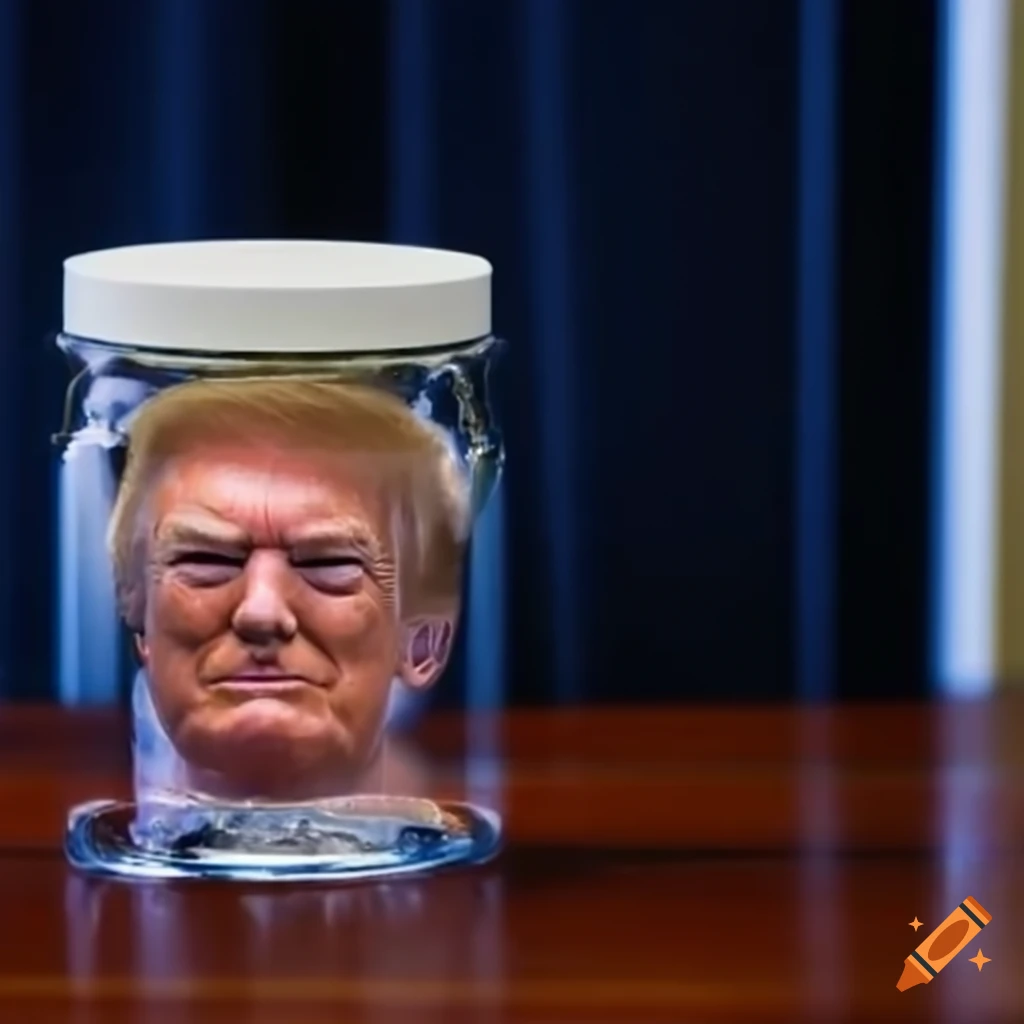 Satirical portrayal of a head in a jar on Craiyon