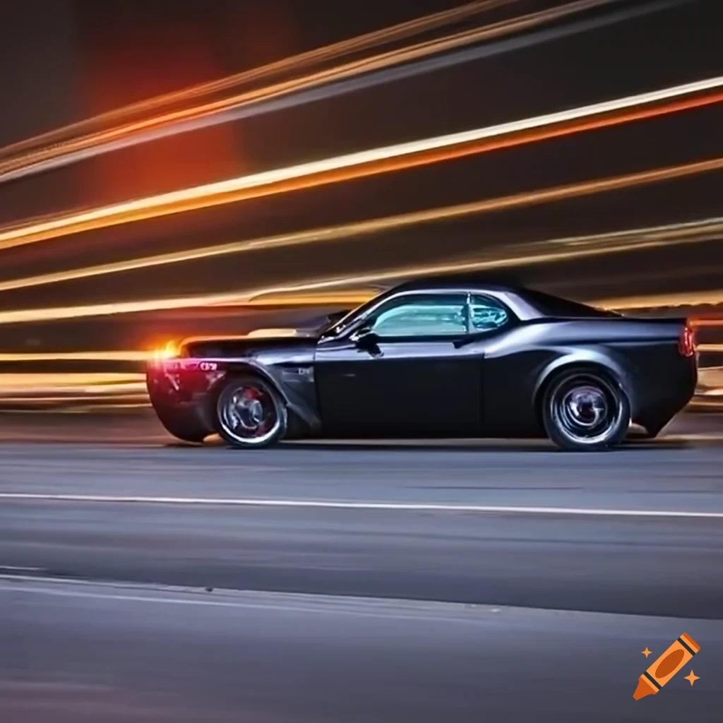 Side view of dodge challenger wide body on freeway at night on Craiyon
