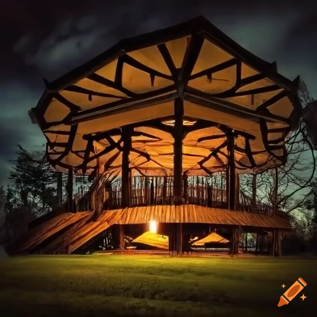 Very large open air wood pavilion at night on Craiyon
