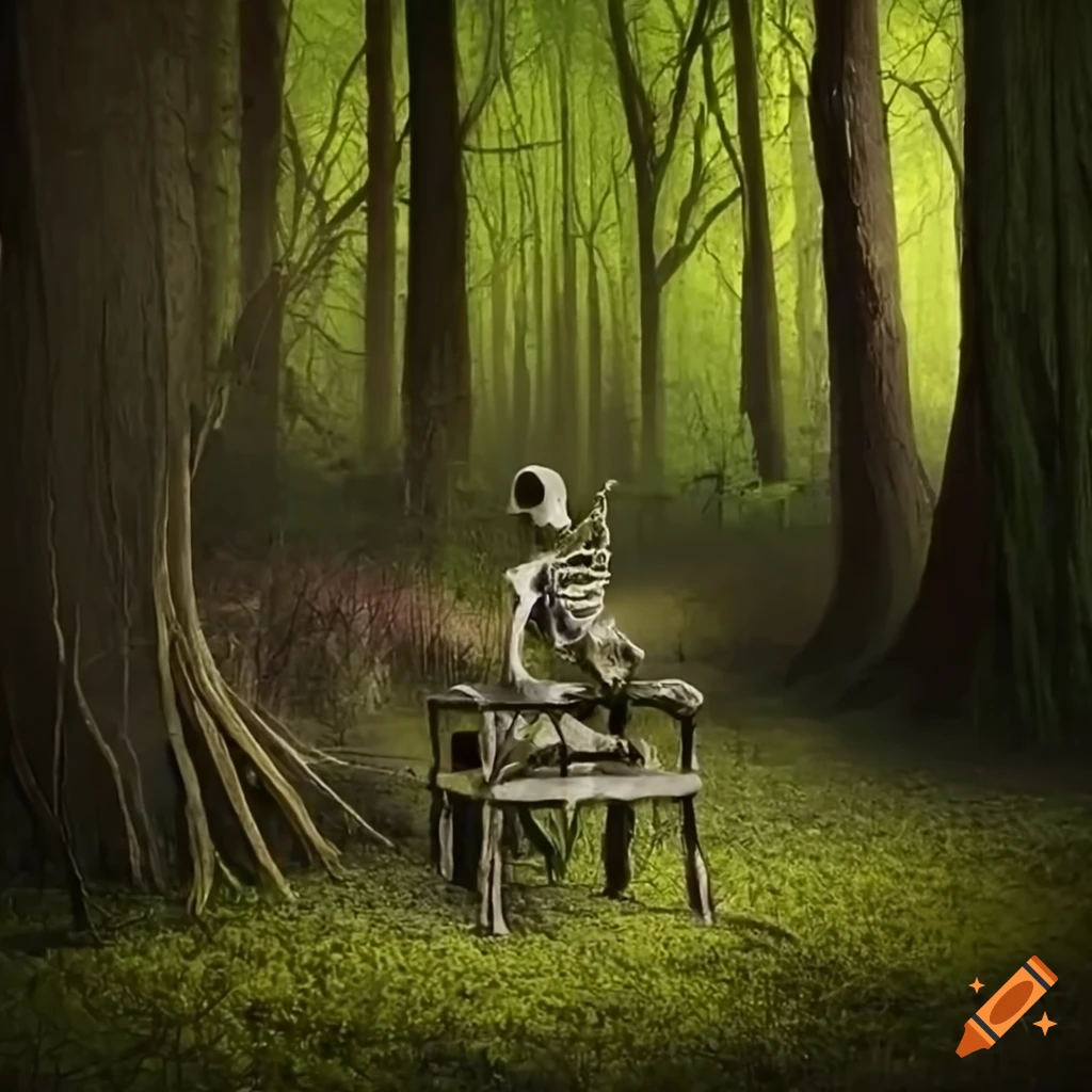Forest scene with a serene skeleton amidst vibrant flora and fauna on ...