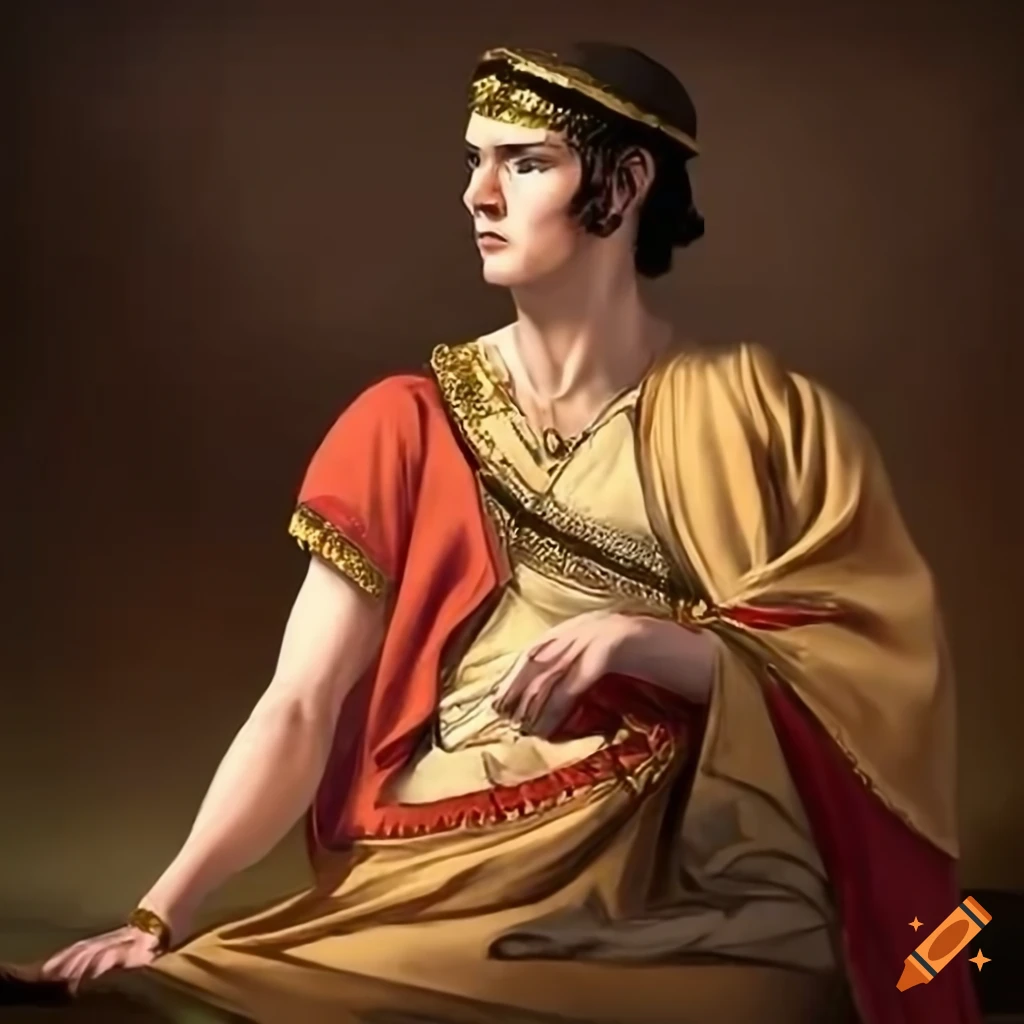 Haimon, young prince in traditional greek attire with a contemplative ...