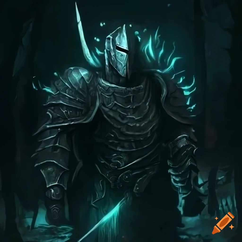 Fantastical knight in dark armor with a glowing warhammer in a ...