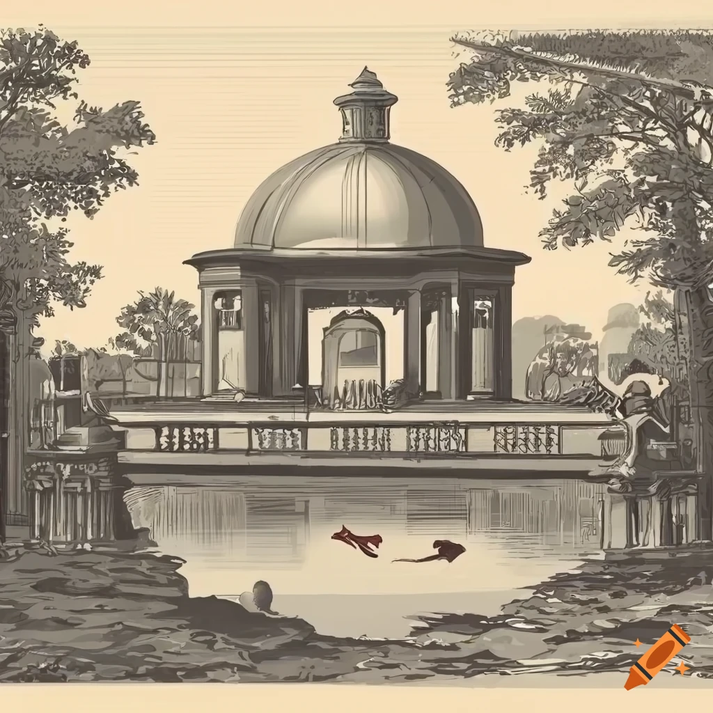 Vector of a black colonial gate giving access to a lake with black ...
