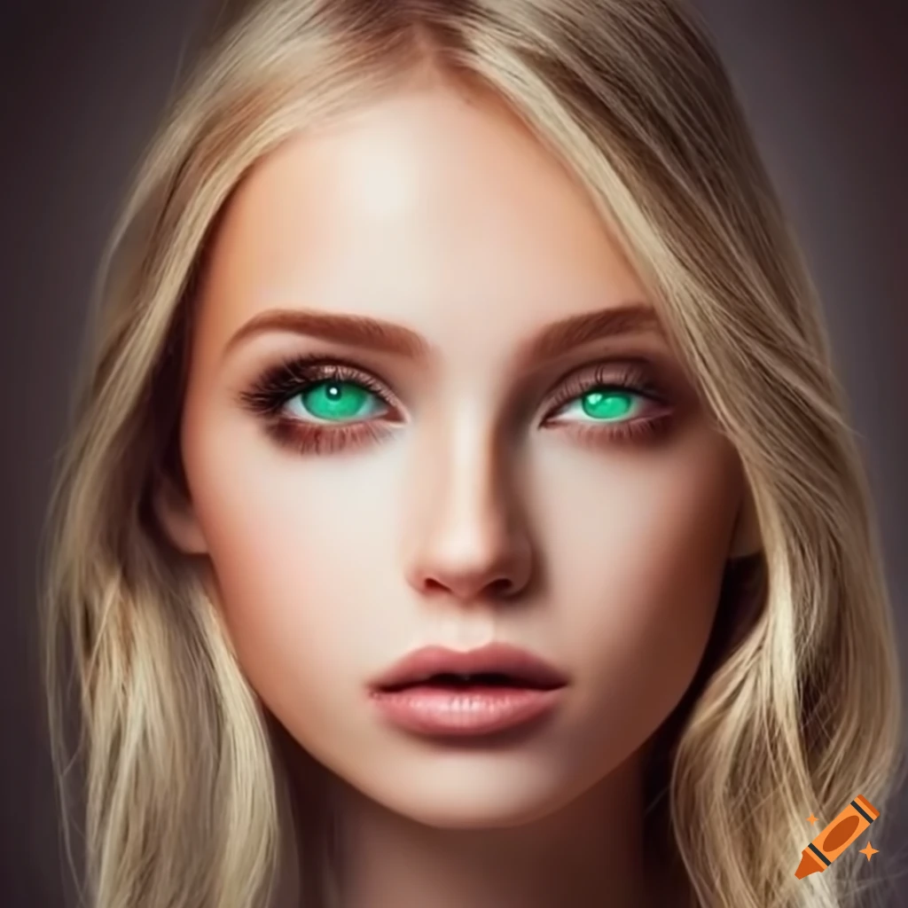 Beautiful young woman with blonde hair and green-brown eyes on Craiyon