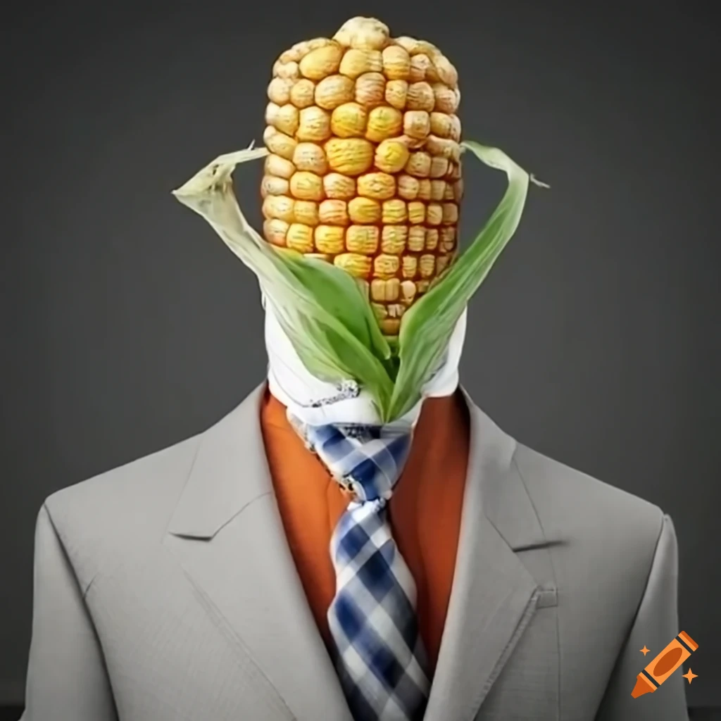 Man in a suit with a corn cob as a head on Craiyon