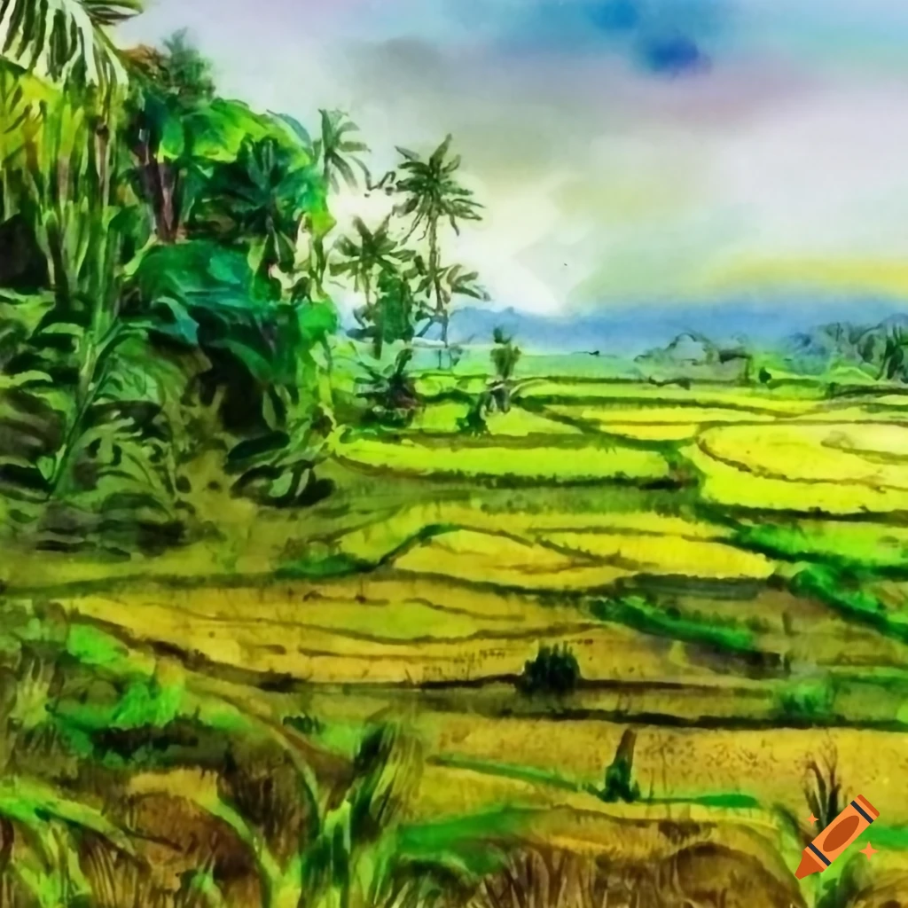 Scenic view of bali rice fields in miniature watercolor style on Craiyon