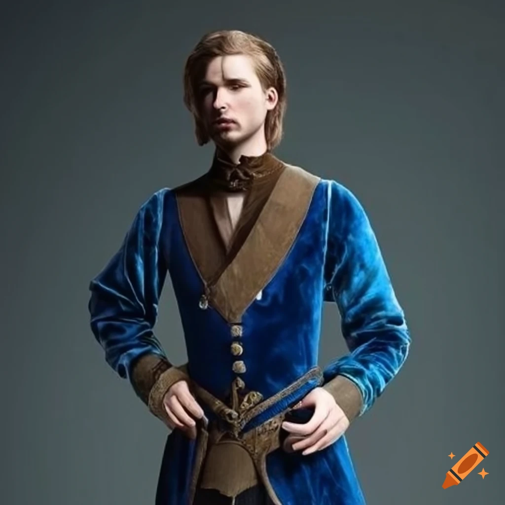 Historical-inspired outfit for a male bard with blue velvet waistcoat ...