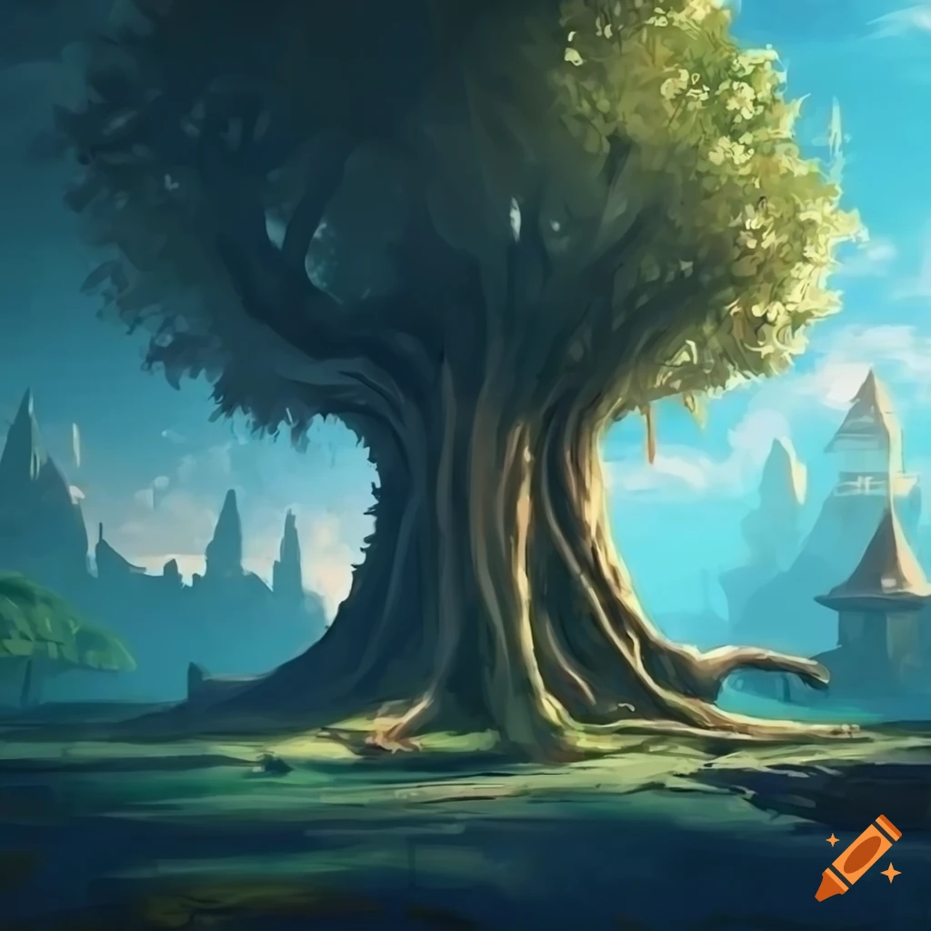 Fantasy art of a city built within a great tree on Craiyon