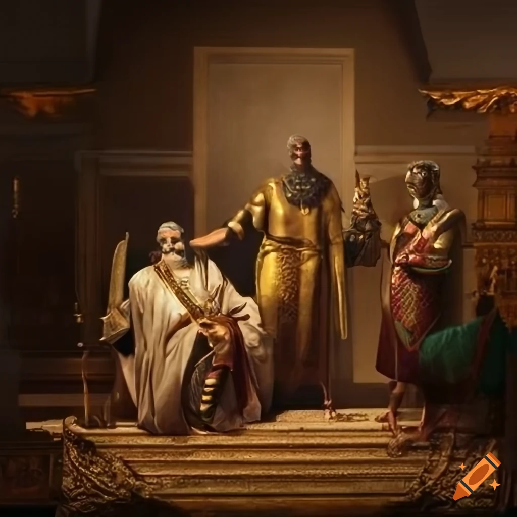 Moses and pharaoh in discussion with elders in a parliament setting on ...