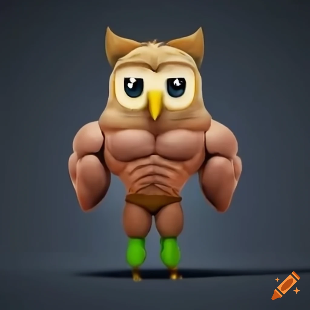Strong duolingo owl lifting weights and flexing muscles on Craiyon