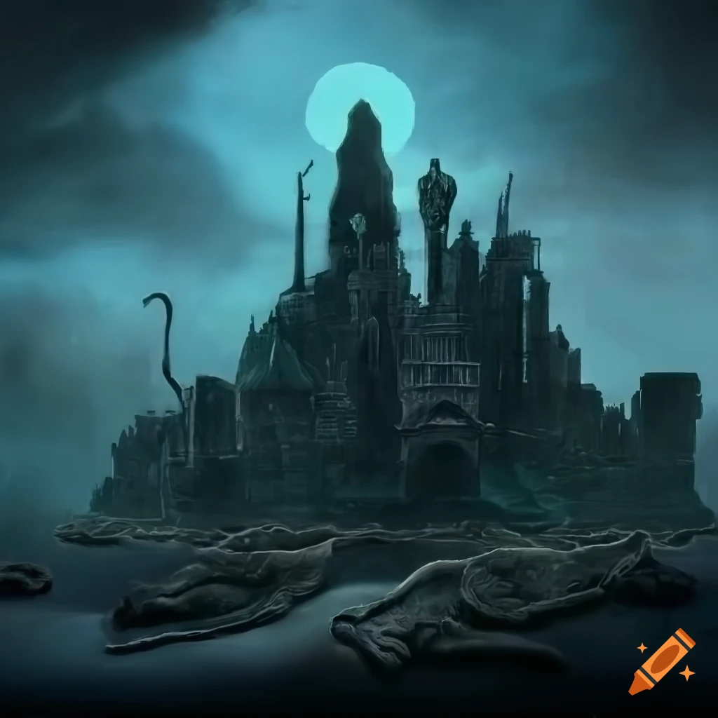 Lovecraft city landscape with dark rock, buildings, and exotic trees on ...