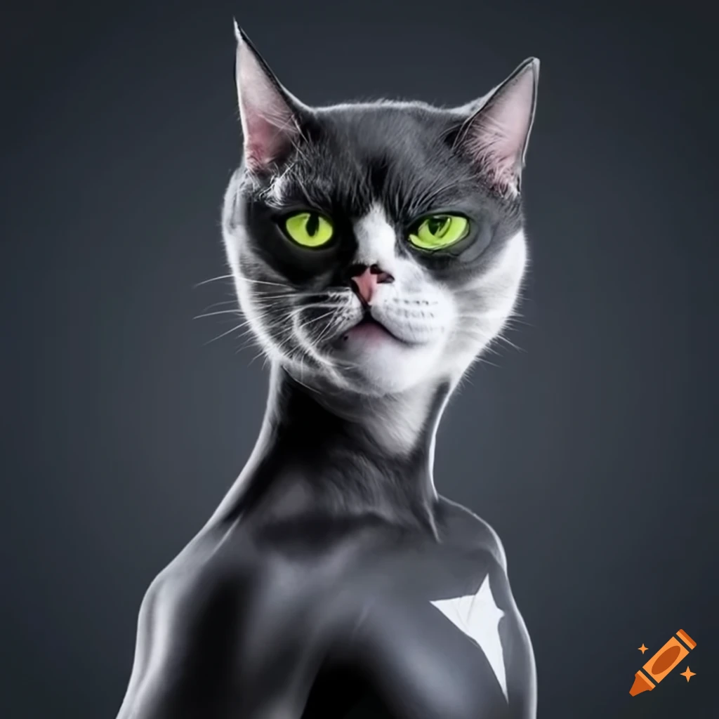 Cheeky black and white cat in superhero costume on Craiyon