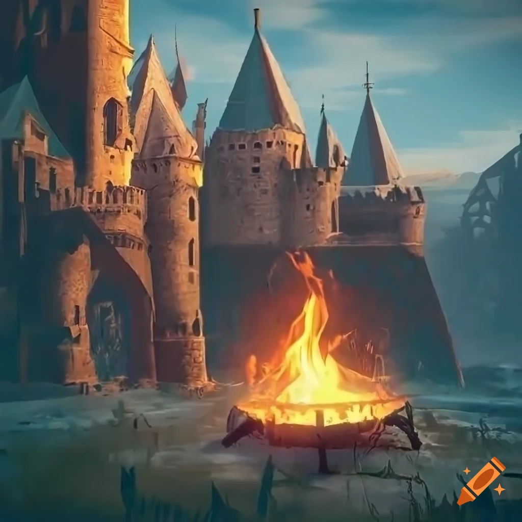 Witcher swords by a fire pit with kaer morhen castle in the background ...