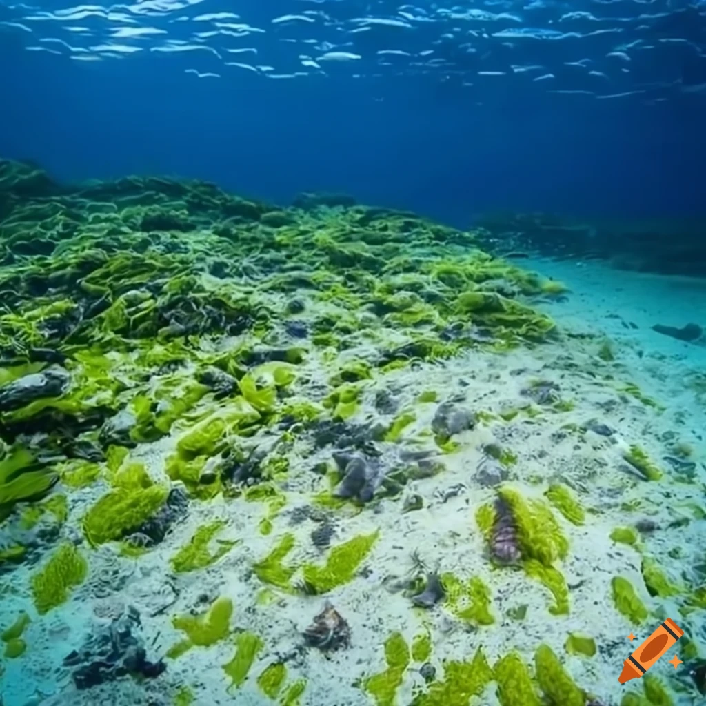 Deep underwater reef ecosystem with sand and seaweed on Craiyon