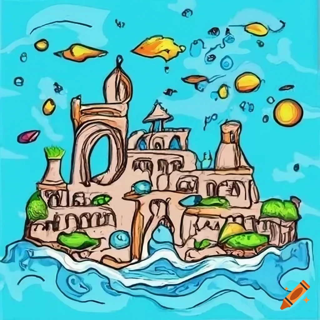 Sunken city of atlantis with a submerged castle on Craiyon