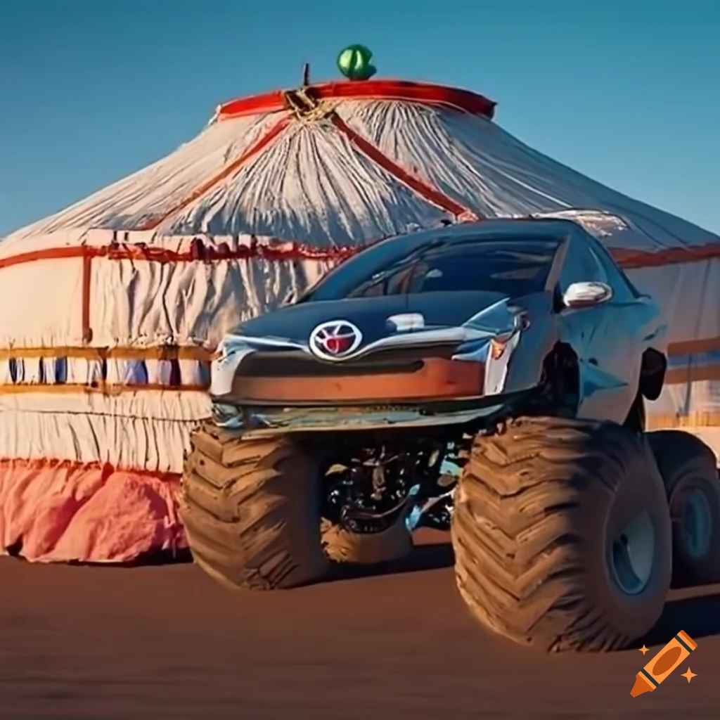 Monster truck toyota prius next to mongolian yurt on Craiyon