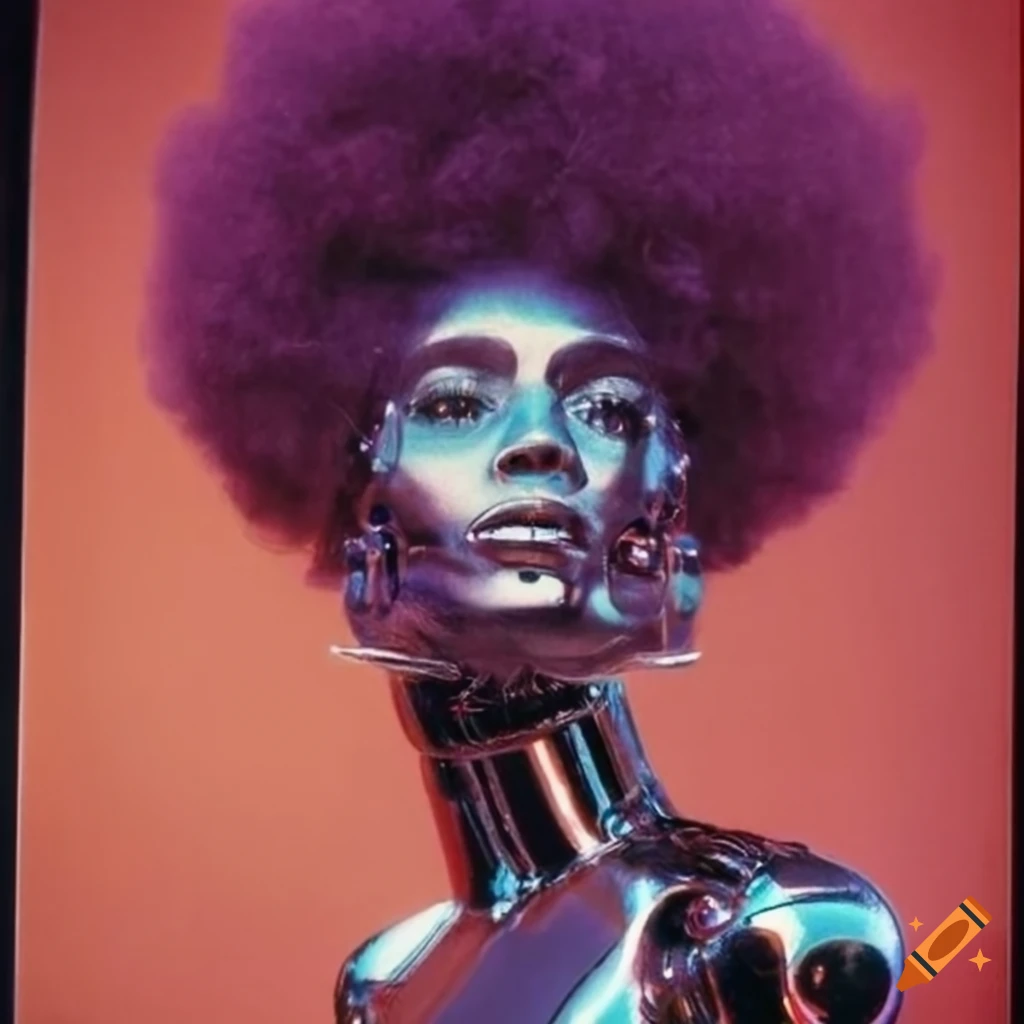 Vintage photo of a chrome robot woman with psychedelic afro hairstyle ...