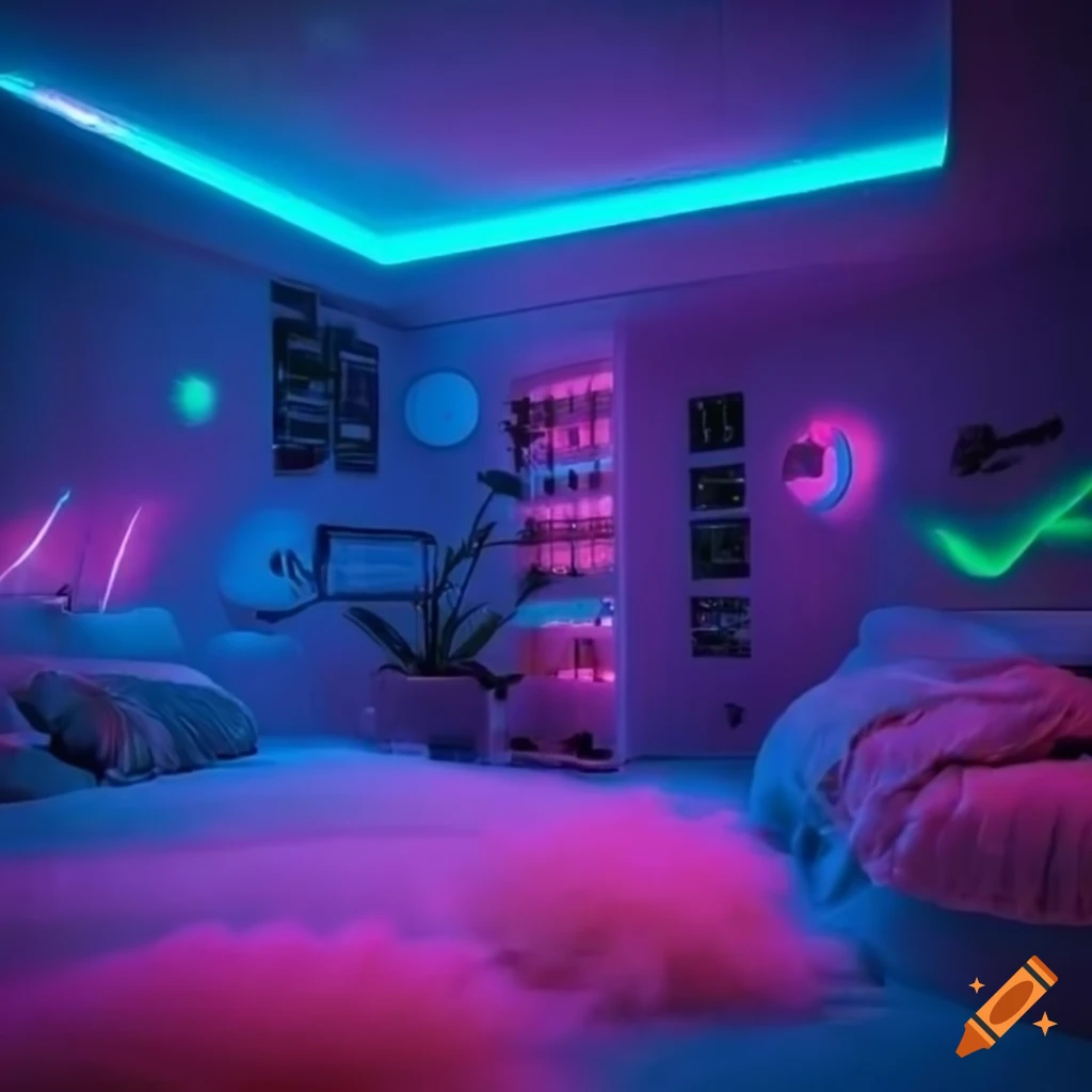 Fluffy soft neon sci-fi bedroom on Craiyon