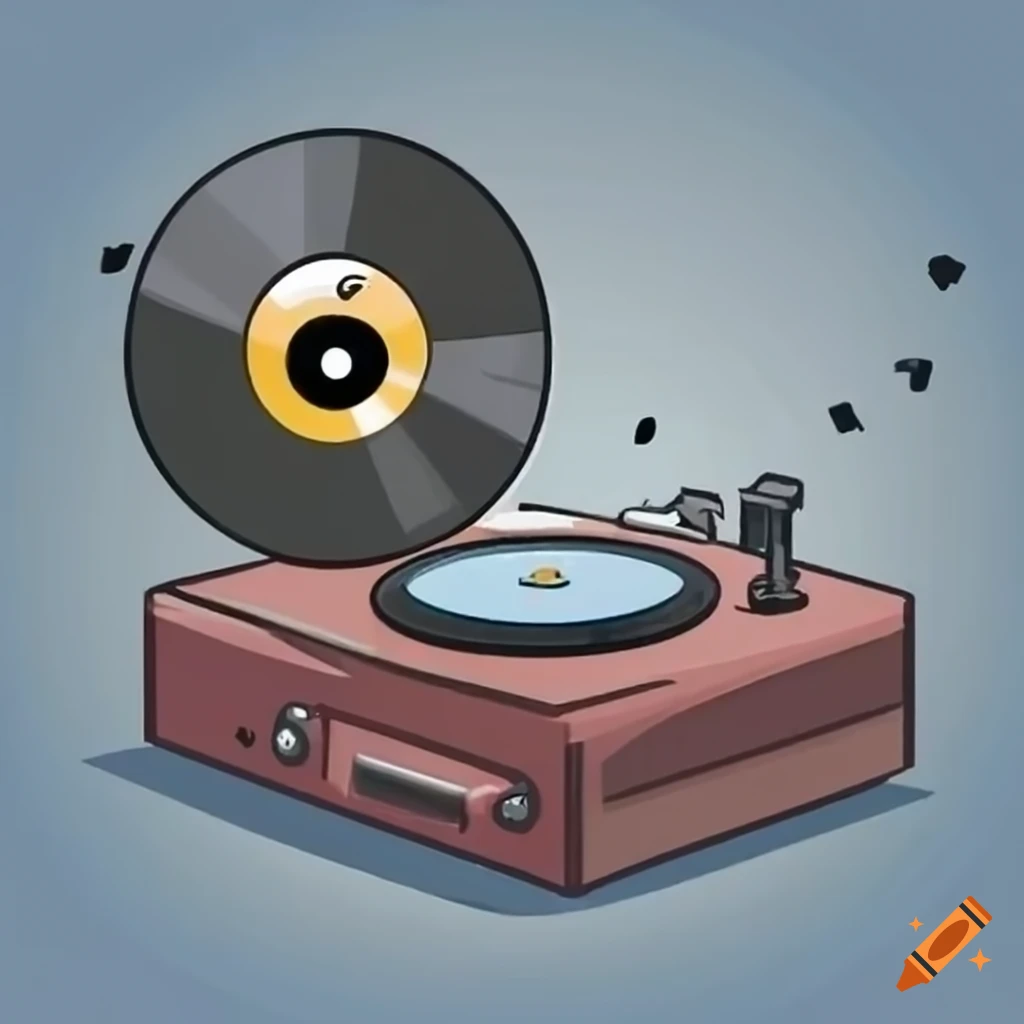 Cartoon vinyl record with kawaii face playing on a record player on Craiyon