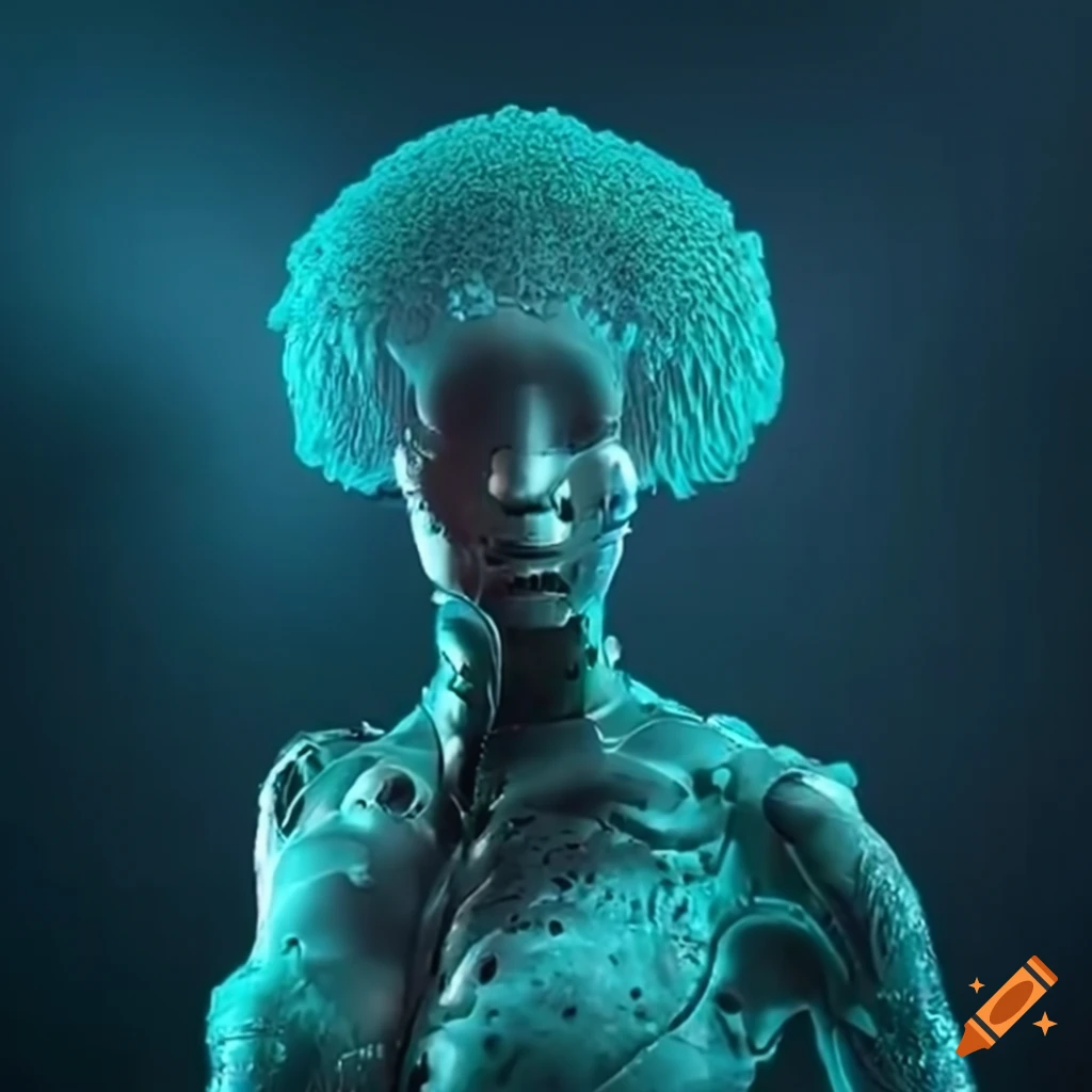 High-tech biopunk cyborg covered in glowing biopunk moss in a ...
