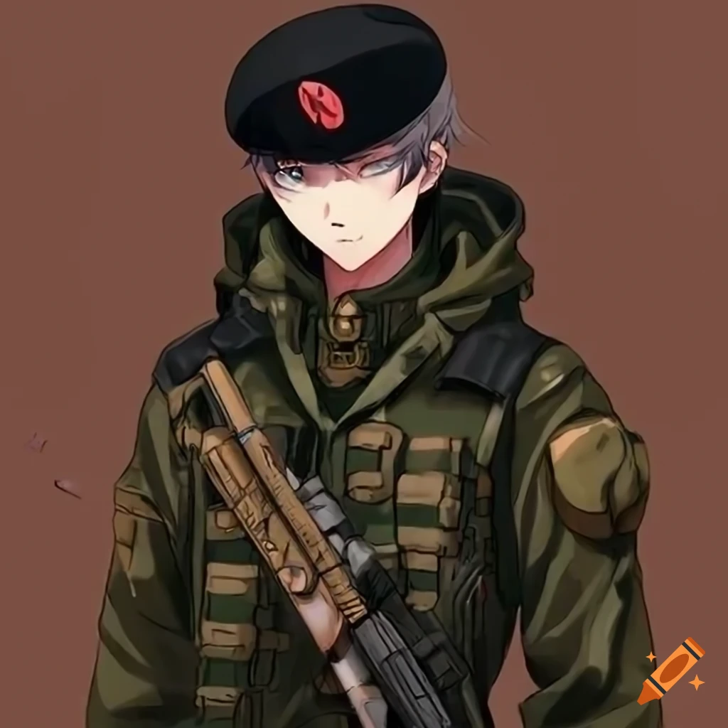 Black hair soldier army boy in anime style on Craiyon