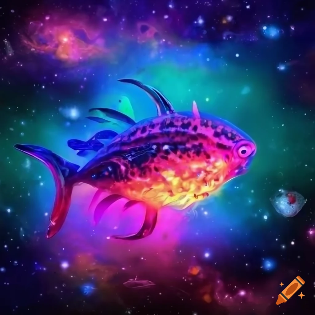 Colorful schools of neon-lit alien fish in a mysterious galaxy ...