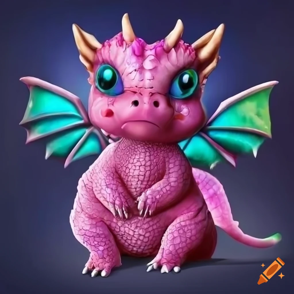 Cute fat little pink dragon with bright blue heart-shaped eyes on Craiyon