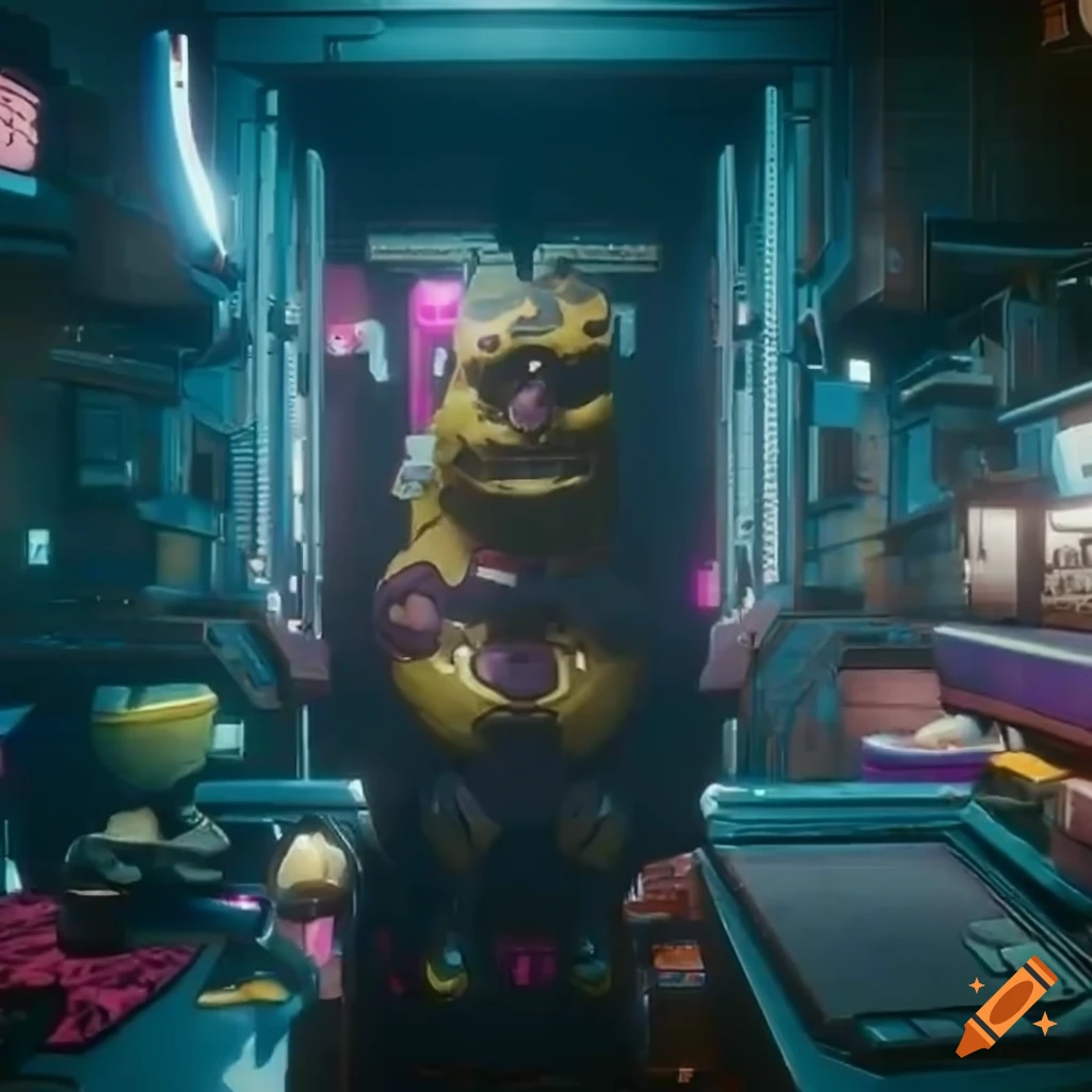 Cyborg SpongeBob SquarePants surrounded by food in Cyberpunk 2077 style ...