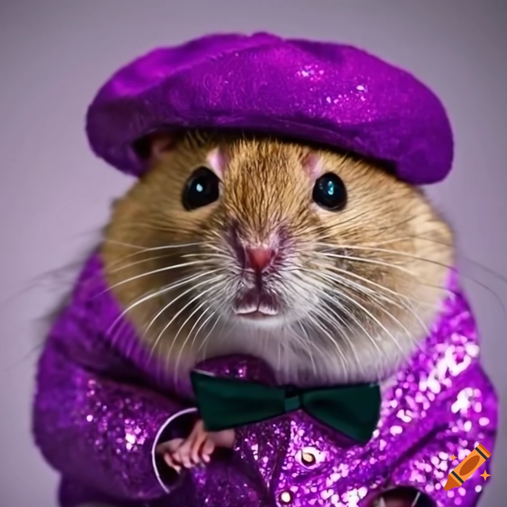 Charming rat in a sparkly purple suit jacket, bow tie and beret on Craiyon