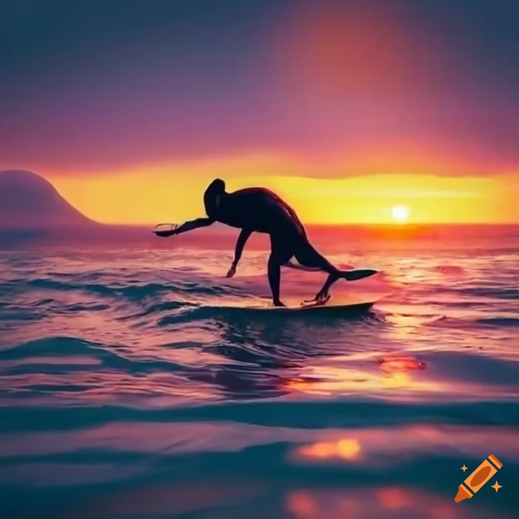 Surfer riding wave with colorful sunset in the distance on Craiyon