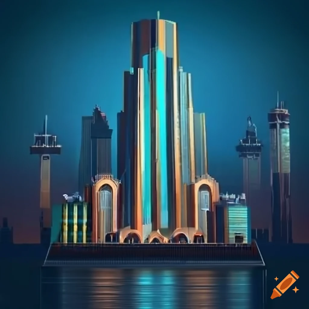 Photo-realistic cityscape with art deco and futuristic architecture on ...