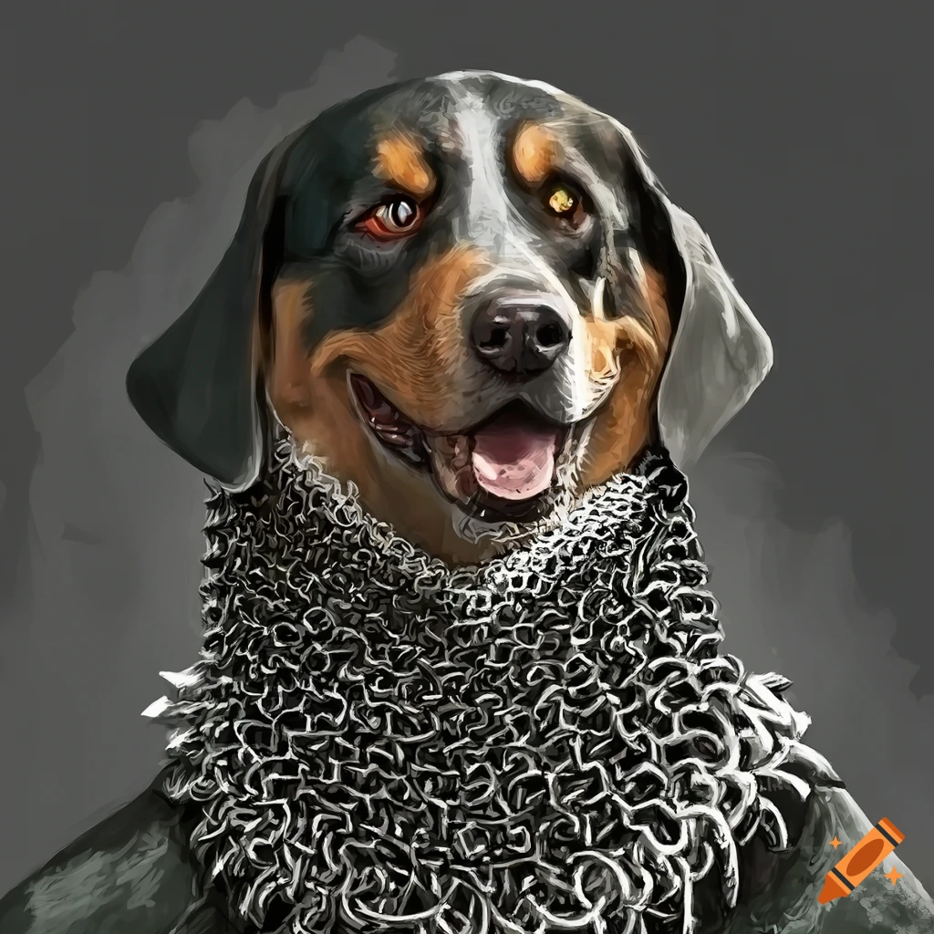 Entlebucher mountain dog in chain mail armor in a dark fantasy scene on ...
