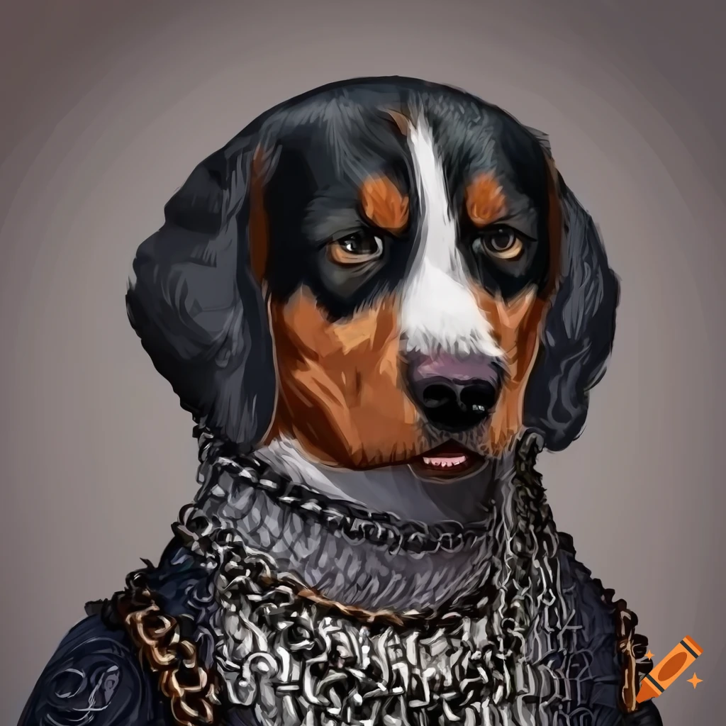 Entlebucher mountain dog in chain mail armor in a fantasy character ...