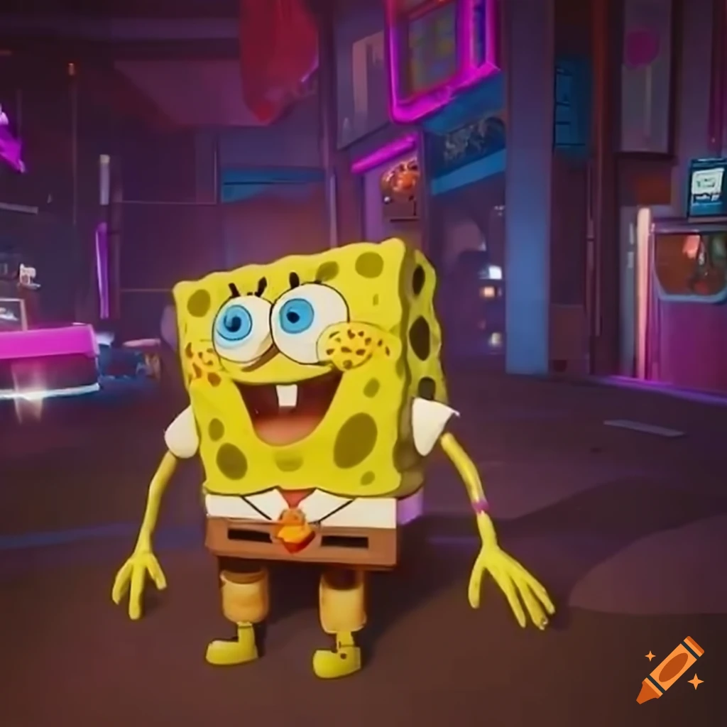 Spongebob Squarepants enjoying futuristic cyberpunk style food in ...