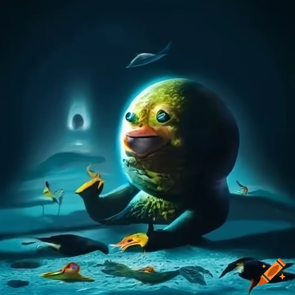 Shrek and a duck dancing in space with a fish tank, and the moon in the ...