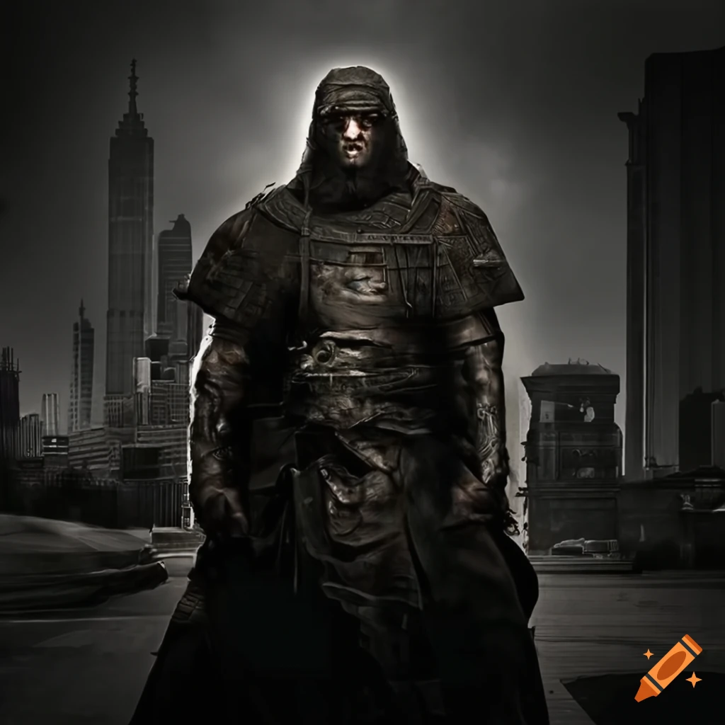 Brave warrior with razor weapons standing in front of a towering wall ...