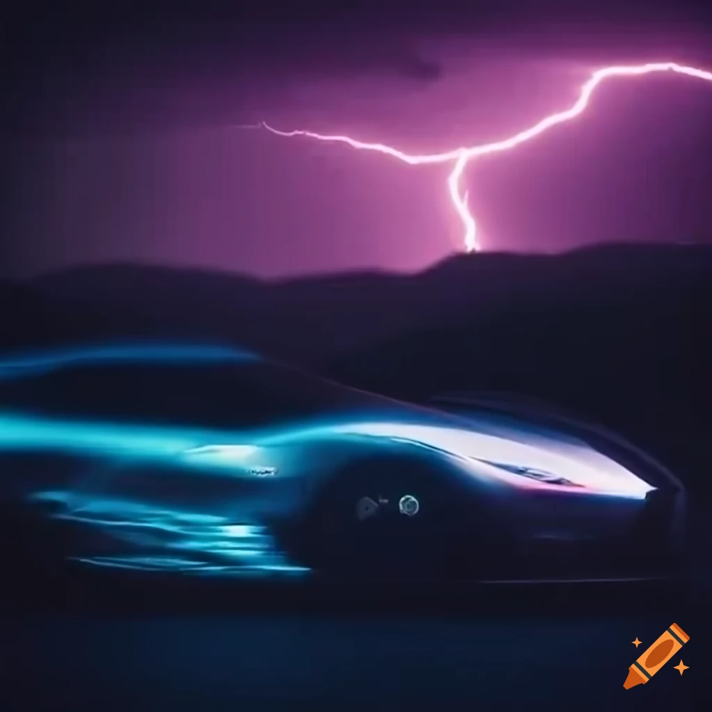 Sports car driving across a stormy mountain with lightning on Craiyon