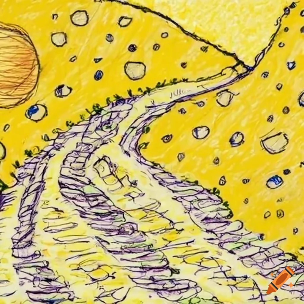 Ball of yellow threads rolling down a path from the hill on Craiyon