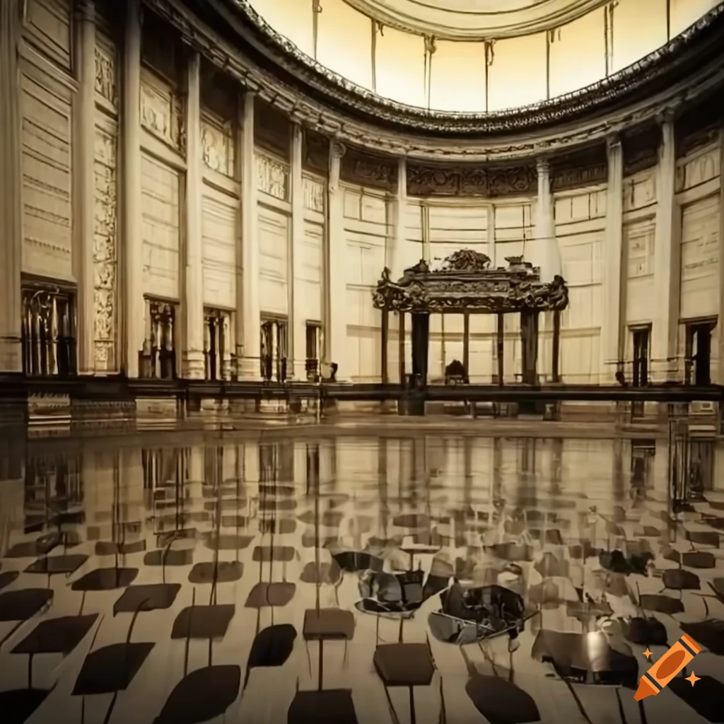 Colossal empty lobby with broken piano surrounded by golden fog on Craiyon