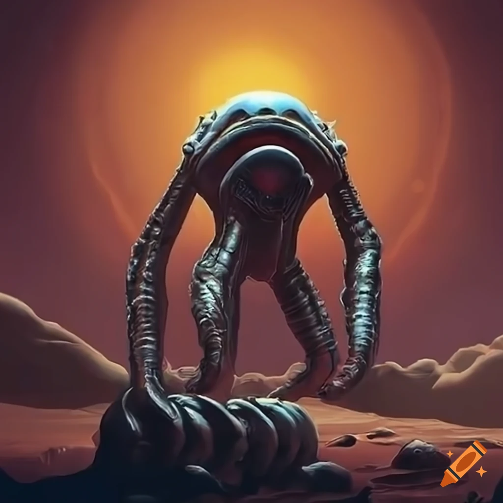 Biomechanoid creature eating a hot dog on mars in a futuristic science ...