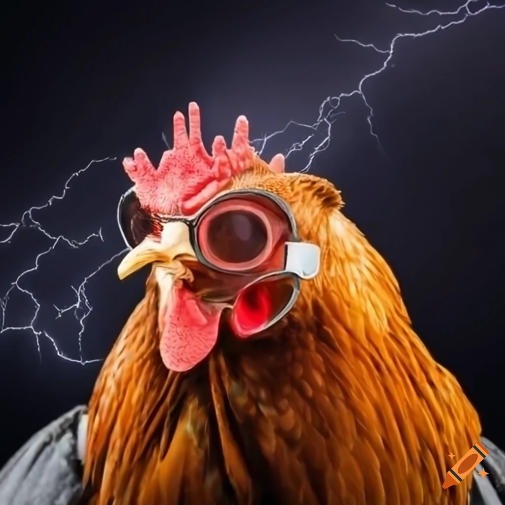 Chicken wearing goggles with lightning in the background on Craiyon