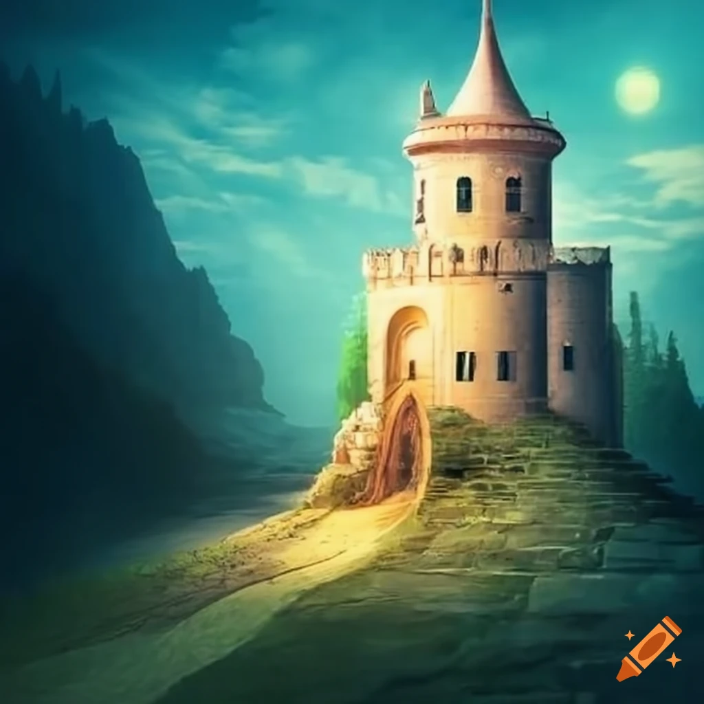 Path leading to a tower with a princess on Craiyon