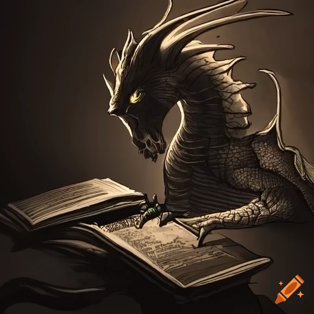 Dragon reading books in a dark academia influenced line drawing on Craiyon