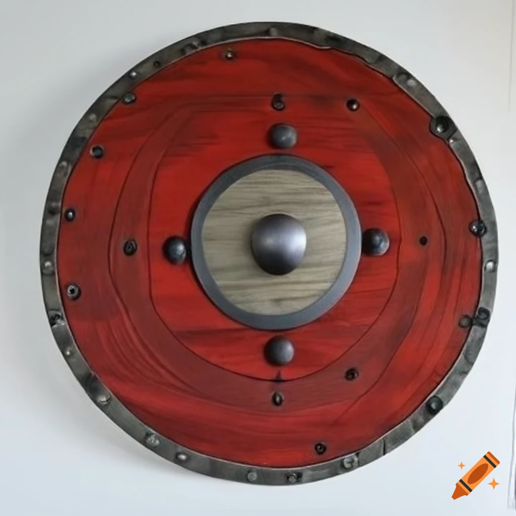 Round viking-style red wooden shield on Craiyon