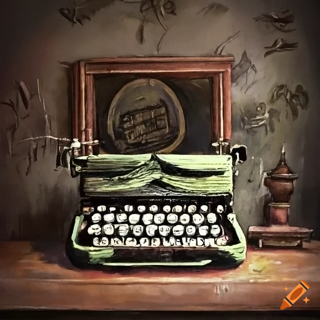 Detailed pencil illustration of a haunted typewriter in a decrepit room ...