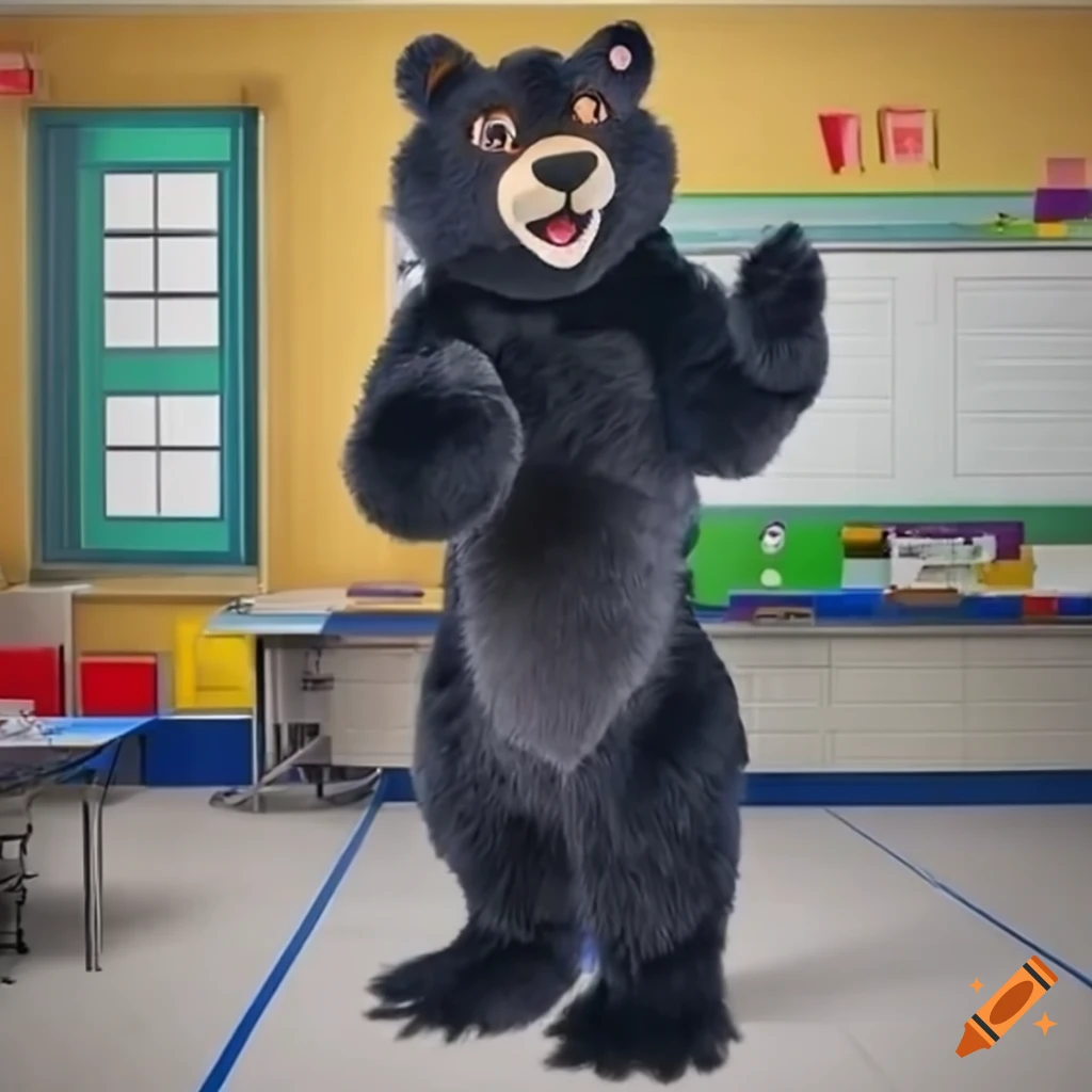 Female teacher in black bear mascot costume in classroom on Craiyon