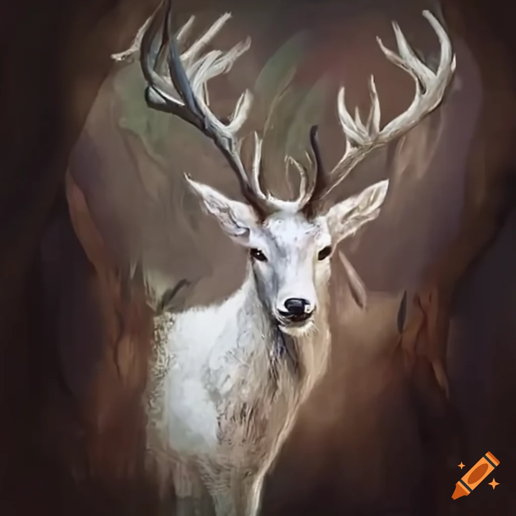Magical pearly white stag with long antlers in a mystical forest on Craiyon